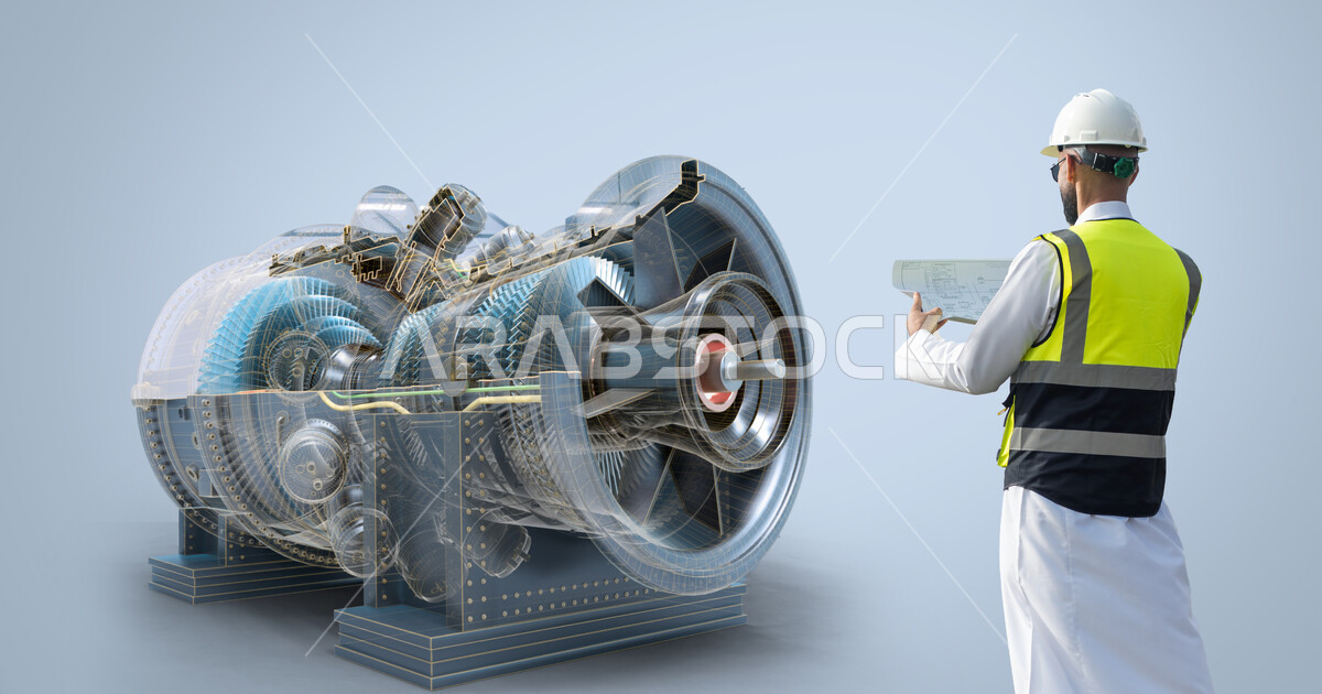 Wearing a helmet and work protection jacket, a close-up of a Saudi ...