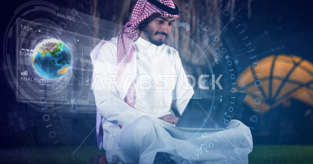 Planet Earth and outer space, a Saudi Arabian Gulf man using a laptop ...
