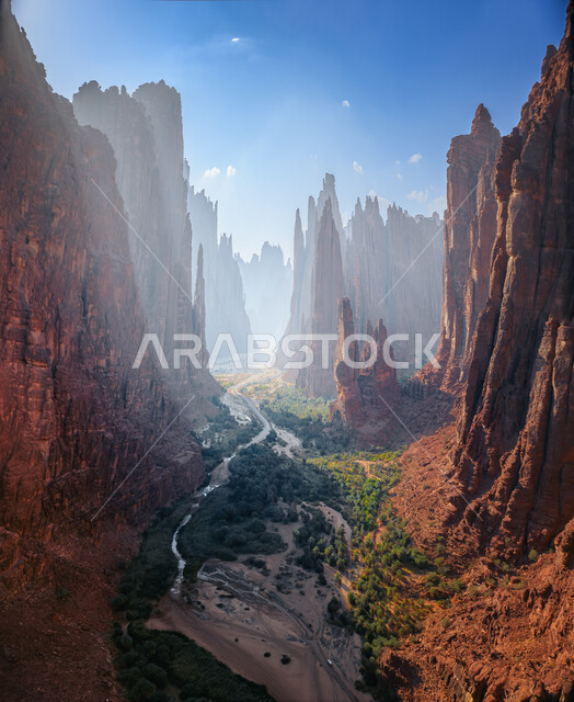 Mountains and rocky heights in Wadi Disa in Tabuk, Saudi Arabia, green ...