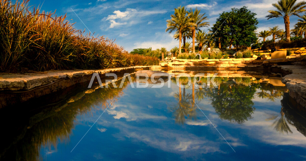 Water lake among trees in Diriyah in the city of Riyadh in Saudi Arabia ...