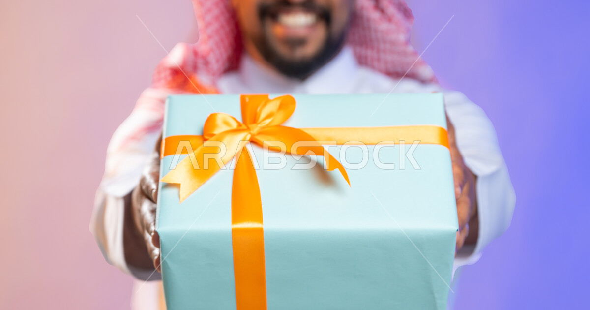 Face and hand gestures indicate joy and happiness with gifts and ...