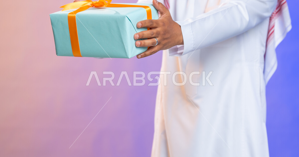 Face and hand gestures indicate joy and happiness with gifts and ...