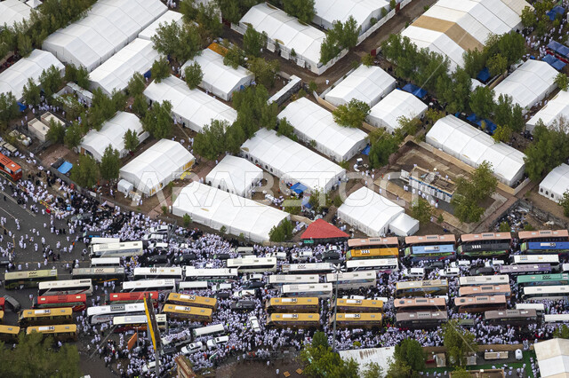 An aerial view of the white tents in the holy shrine of Arafat, the ...