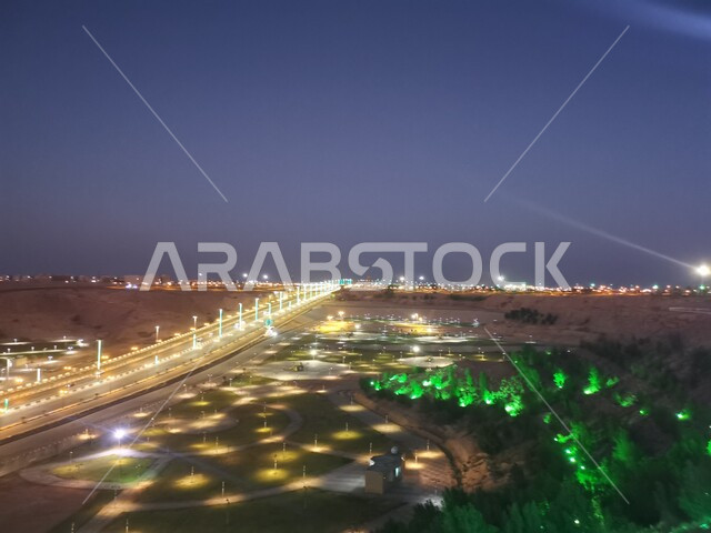 Afforestation and date palm cultivation, aerial photo at night of Zulfi ...