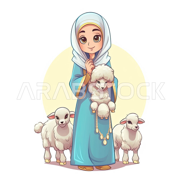 Three-dimensional cartoons of a veiled girl with cute white sheep ...