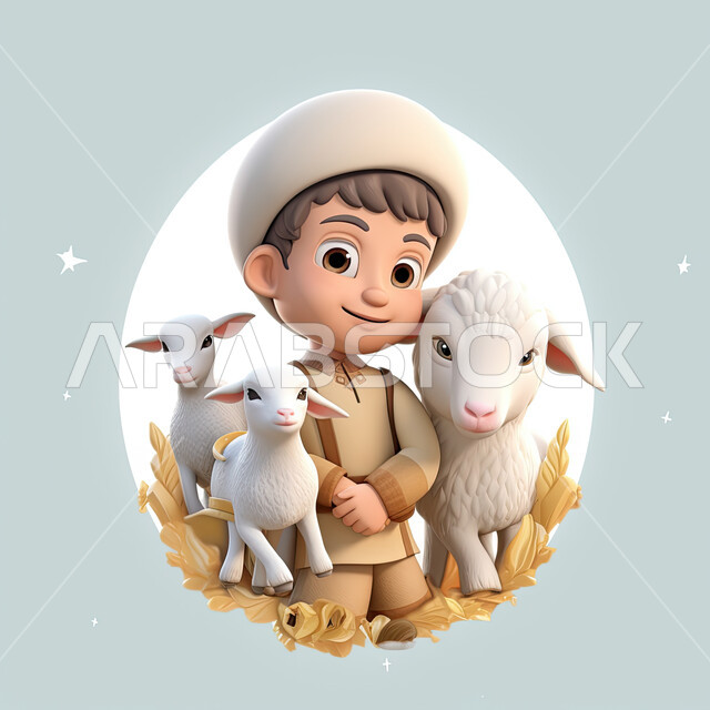 3D cartoon illustrations of a boy with cute white sheep, sacrifices and ...