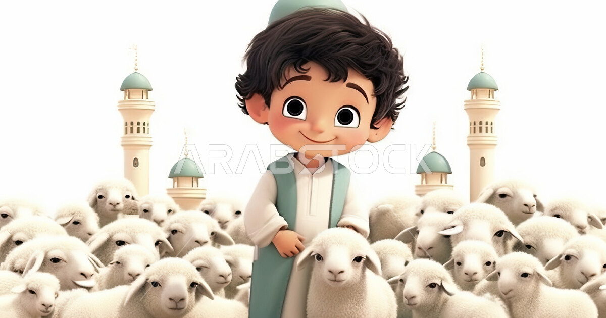Children's cartoons, 3D cartoons of a boy with cute white sheep ...
