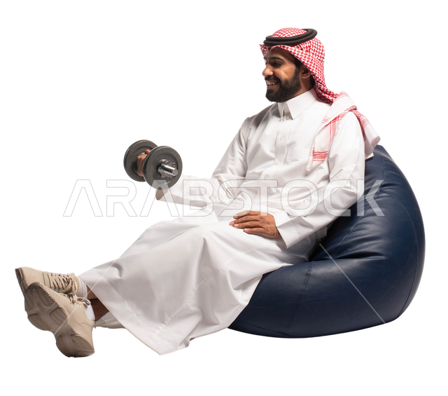 Bodybuilding, a portrait of a Saudi Arabian Gulf man sitting on a chair ...