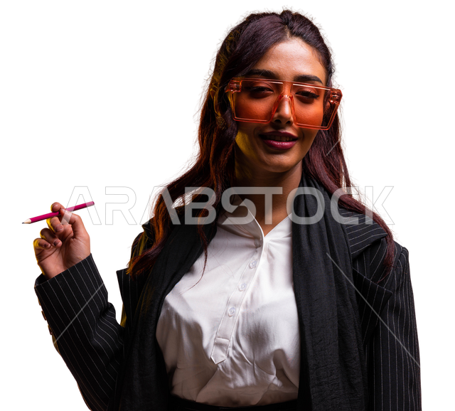 An elegant professor wearing modern colored sunglasses, Saudi women's ...