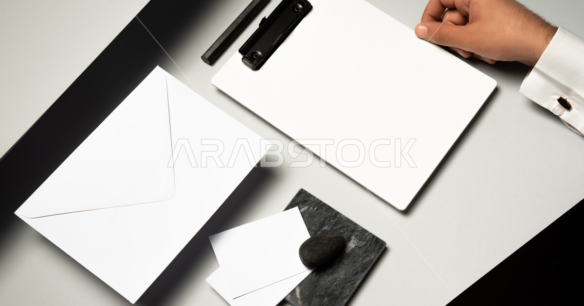 Small note papers, office supplies and stationery, close-up of the hand ...