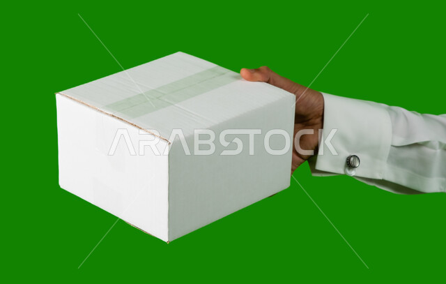 Led portrait of a Saudi Arabian Gulf man carrying a white box, mockup ...