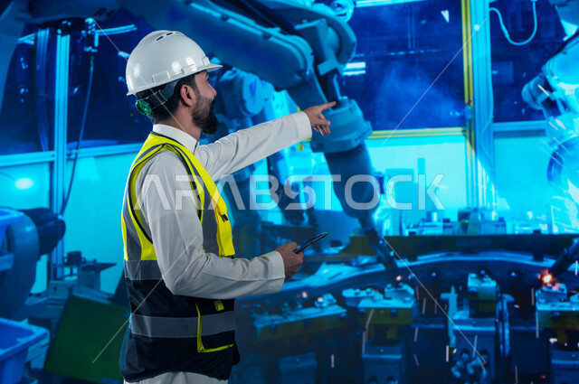 A Saudi Arabian Gulf engineer pointing his finger at machines, modern ...