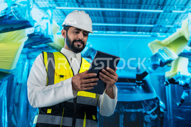 A Saudi Arabian Gulf engineer supervising maintenance work using a ...