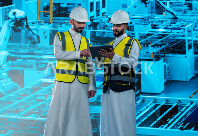Two Saudi Arabian Gulf engineers in a sophisticated factory, the use of tablets, technology and ...