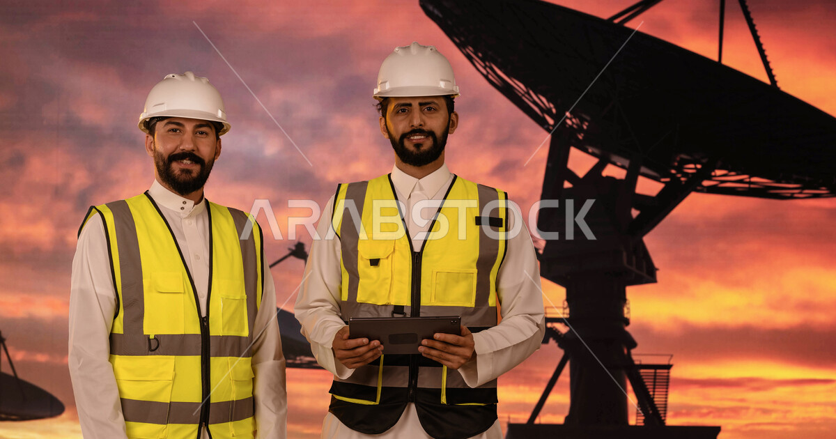 Two Saudi Arabian Gulf engineers wearing a helmet and a special ...