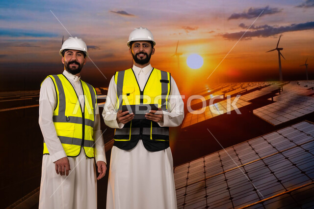 Two Saudi Arabian Gulf engineers wearing a helmet and a special ...