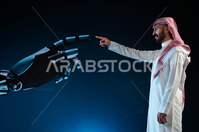 An advanced modern robot, a portrait of a Saudi Arabian Gulf man ...