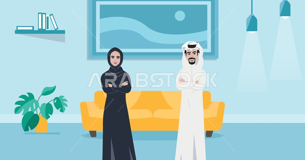 Vector an Arab Gulf Emirati couple spending their time together at home ...