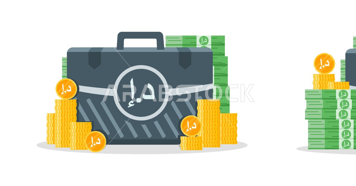 Vector Icon Bag, UAE dirham banknote, Emirati coin isolated on a white ...