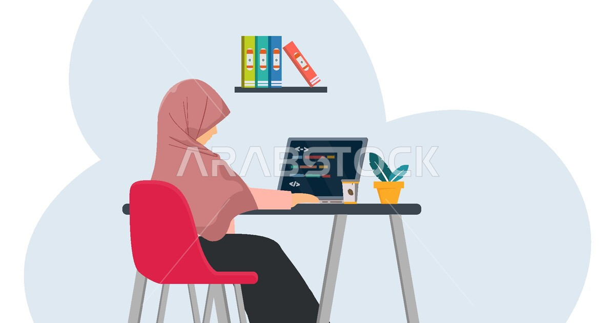 Vector is an Arab Gulf woman who works remotely, using a computer ...