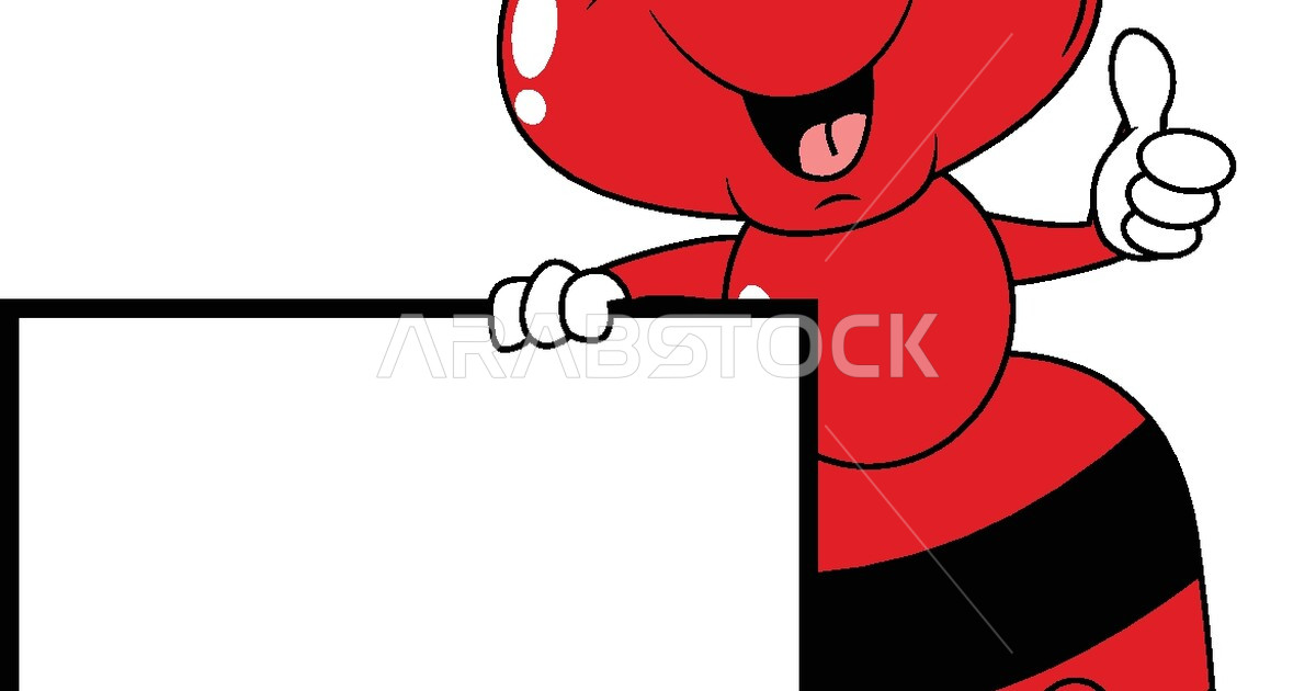 Vector cartoon of a red little ant holding a blank white banner, insect ...