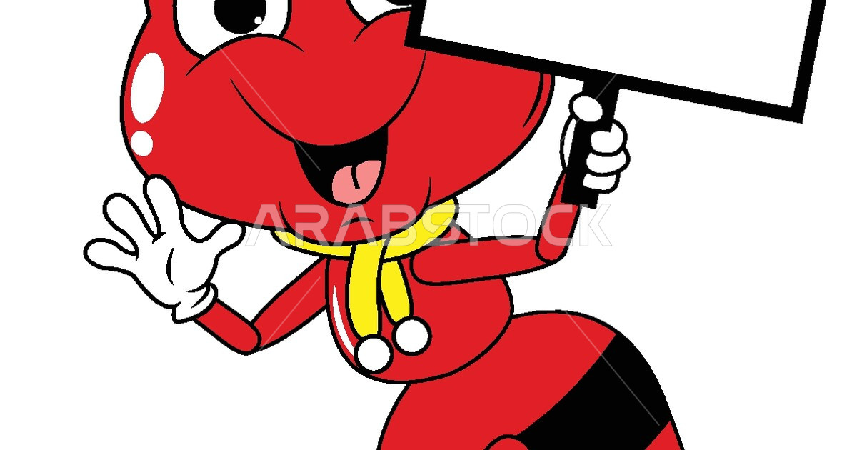 Vector cartoon of a red little ant holding a blank white banner, insect ...