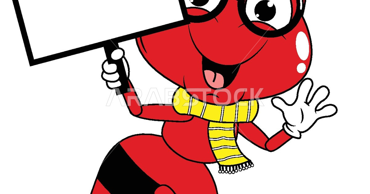 Vector cartoon of a red little ant holding a blank white banner, insect ...