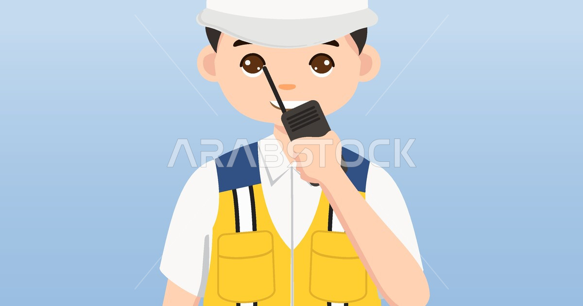 Vector engineer talking on radio phone, construction worker, architecture, vector illustrator ...
