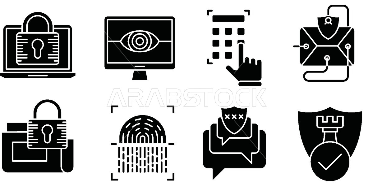 فيكتور مجموعة أيقونات الأمان ، الحماية والأمان ، خلفية بيضاء معزولة ...