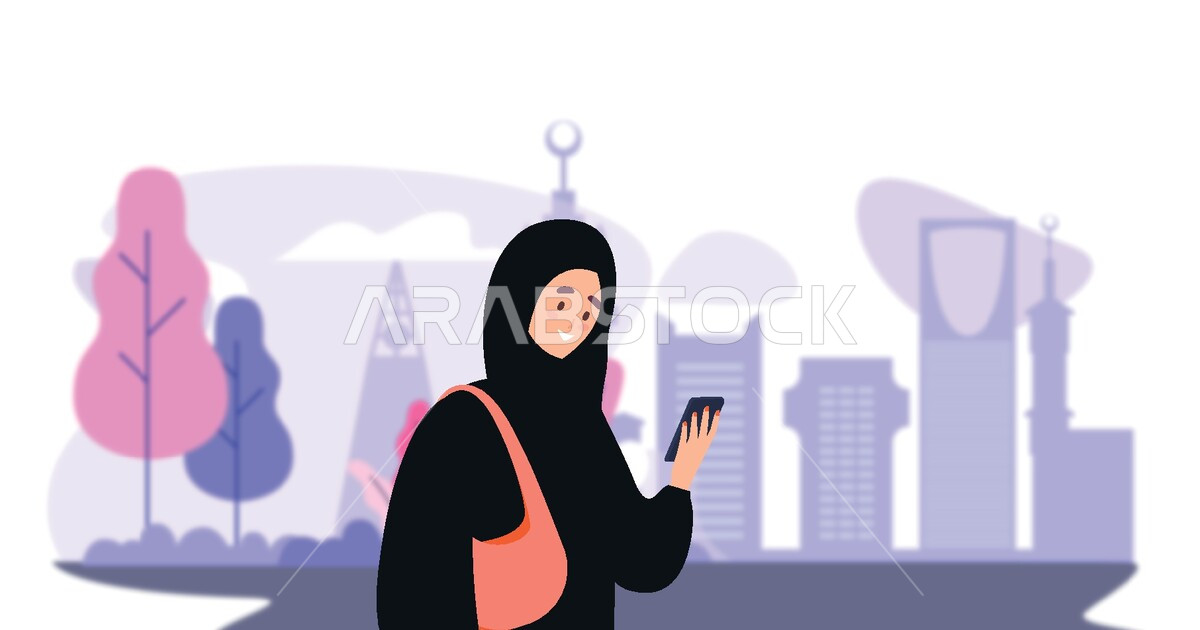 Vector cartoon character, Saudi Arabian Gulf woman, watching videos ...
