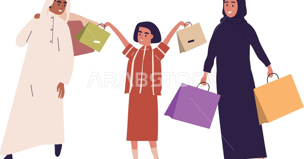 Vector cartoon characters, Gulf Arab family, Saudi family, carrying ...