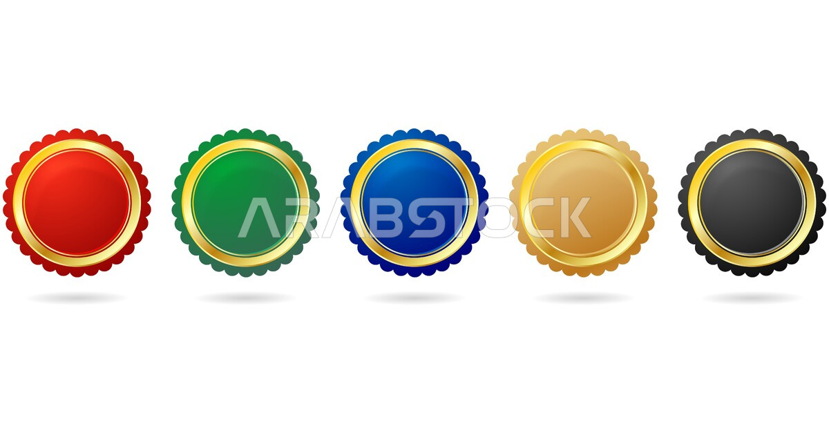 Vector colorful poster icons set with golden lines, isolated white ...