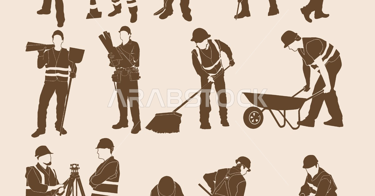 Vector illustration of a construction worker silhouette, road ...