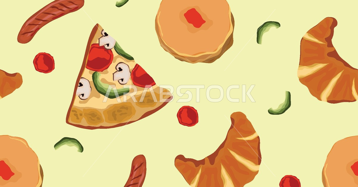 Vector food pattern background, pizza, cake, colorful background, ready ...