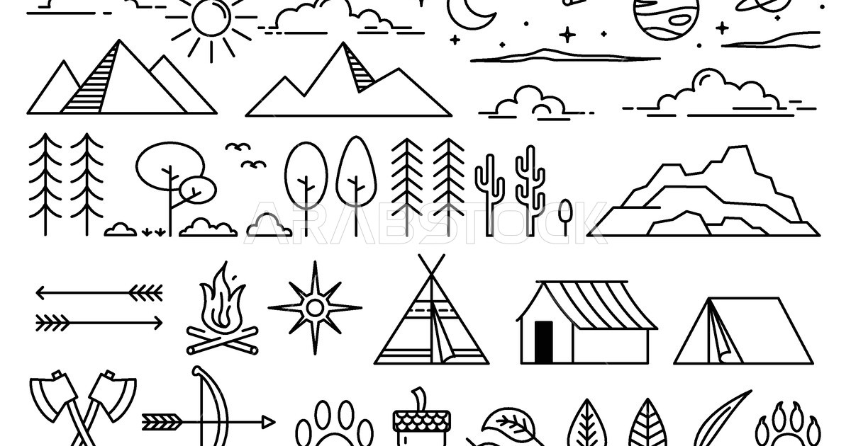 Vector set of country house icons, mountains, sky, farming, vector illustrator icons. - Vector ...