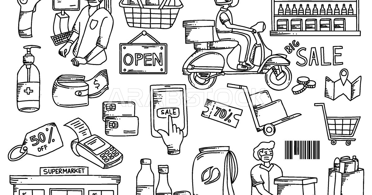 Linear vector sketch icons set for online shop, retail store sketch ...