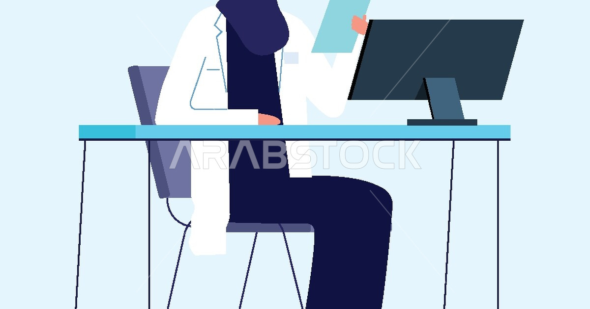 Vector cartoon character, Gulf Arab physician, review of patient files ...