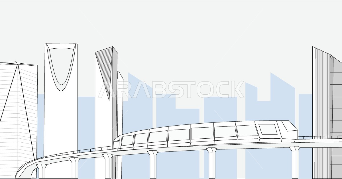 Vector line drawing of towers and skyscrapers, public transportation ...
