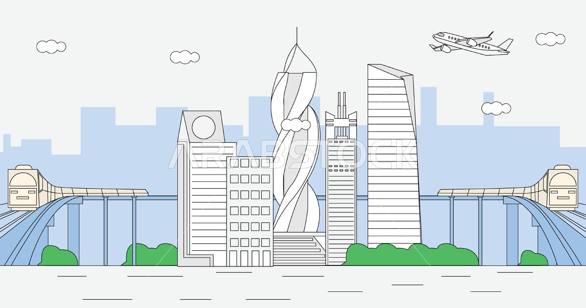 Vector drawing of train tracks, metro, towers and skyscrapers, Riyadh ...