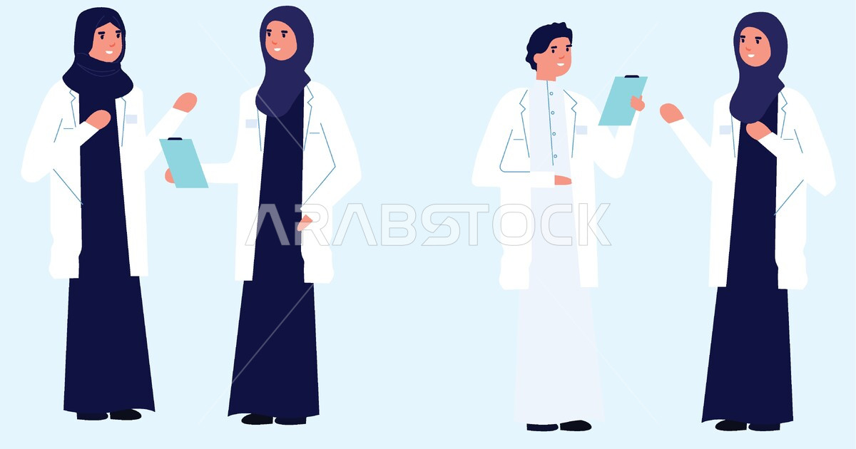 Vector cartoon characters, a group of Arab Gulf doctors, a medical team ...