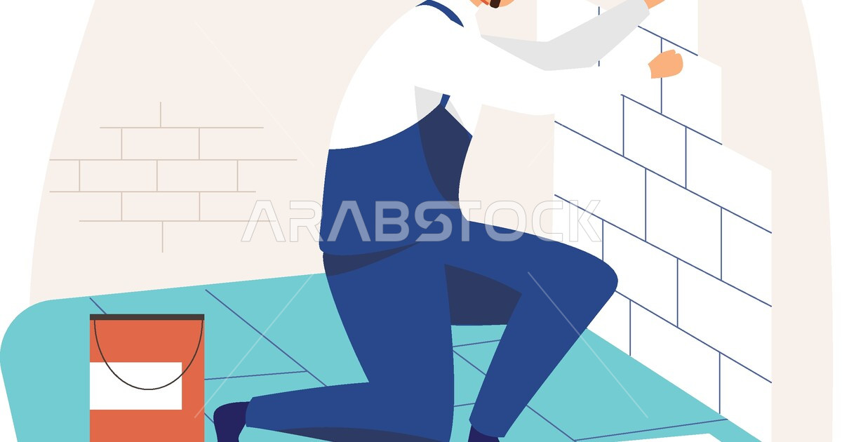 Vector cartoon character, a man craftsman, tiling worker, working on ...