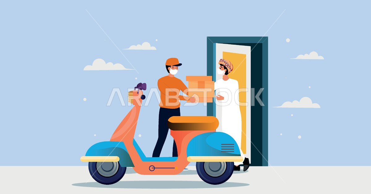 Vector cartoon characters, Omani Gulf man, delivering orders, receiving ...