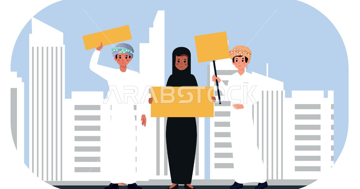 Vector cartoon characters, a group of Gulf Arabs Omani, holding yellow ...