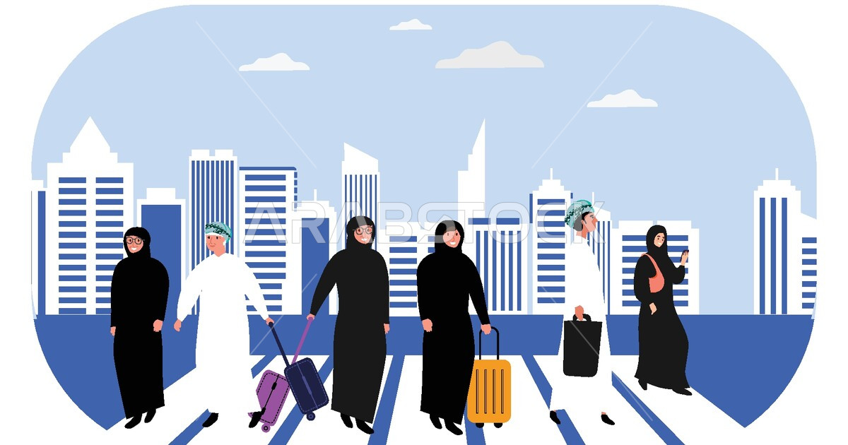 Vector cartoon characters, group of Omani Gulf Arab people, cross the ...