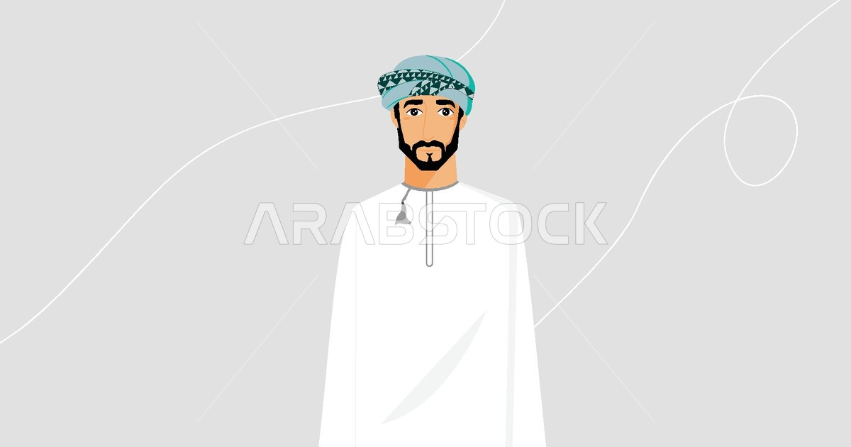 Vector cartoon character, Omani Arab man, happy standing, wearing Omani ...