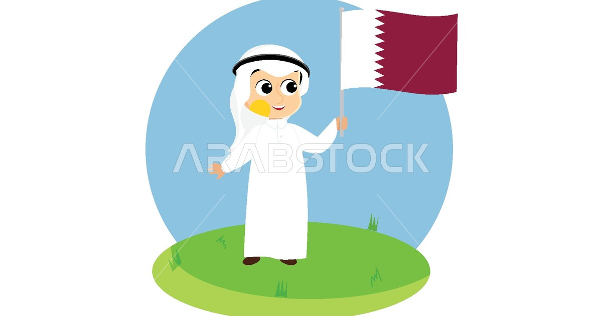 Vector cartoon of a Gulf Arab child holding the Qatari flag ...