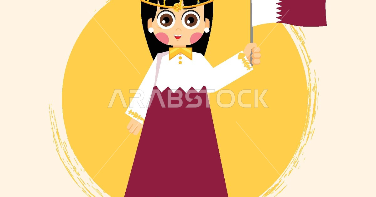 Vector cartoon of a small Qatari Gulf girl holding the flag of the ...