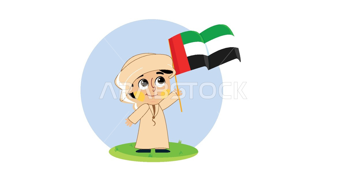 Vector cartoon of a small Gulf Arab child holding the Kuwaiti flag ...