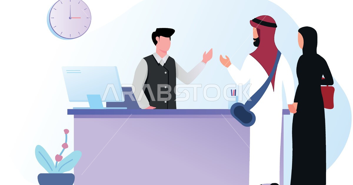 Vector cartoon characters, a Gulf man and his wife making a hotel ...