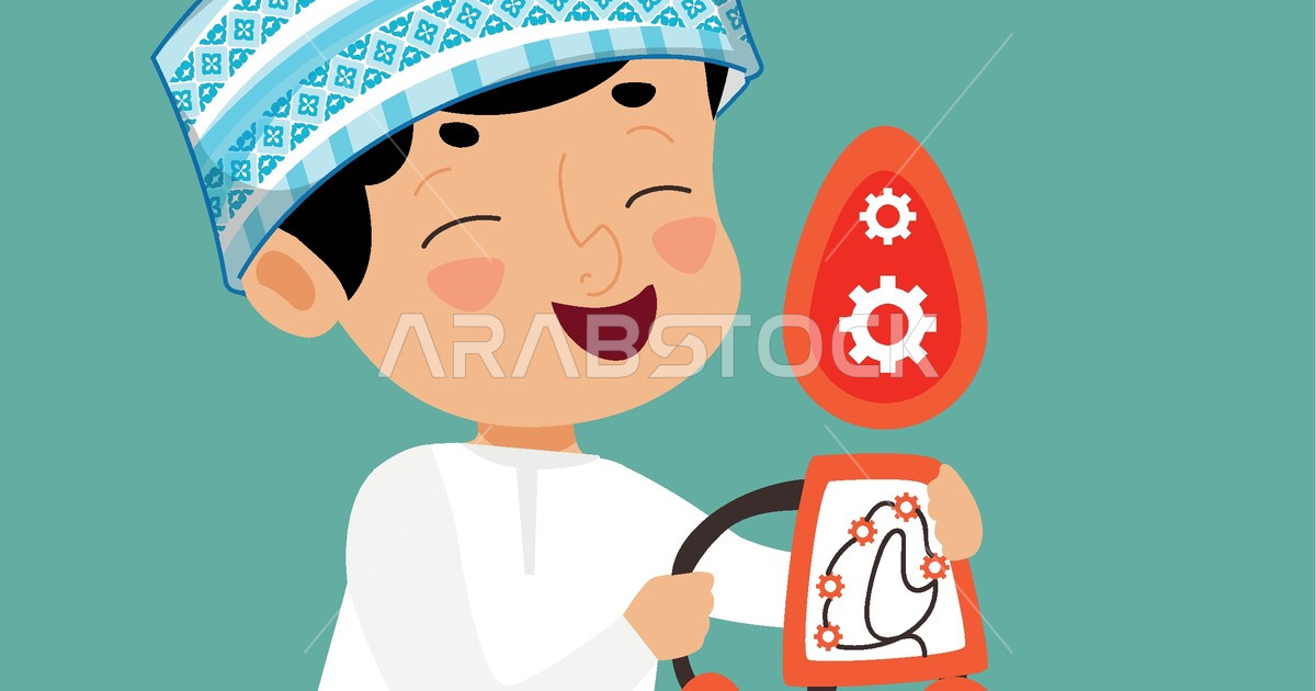 Vector cartoon character, a little Omani child who installs a small ...